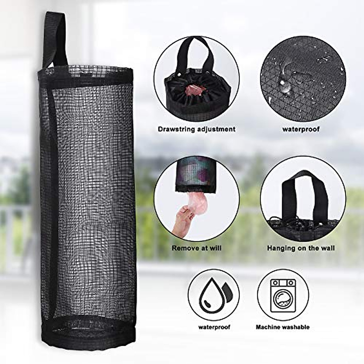 WantuSee Plastic Bag Holder, 2 Packs for Kitchen Hanging Mesh Storage Organizer, 19.6'' x 6.2'' inch Large Grocery Shopping Bags Dispenser, Hold 60-70 Trash Bags, Black