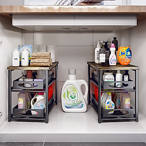 Under Sink Organizers and Storage, 2-Tier Sliding Under Bathroom Cabinet Storage Drawer Organizer with Solid Rustic Wood Top, Multi-purpose Under Sink Shelf Organizer for Home, Kitchen, Bathroom