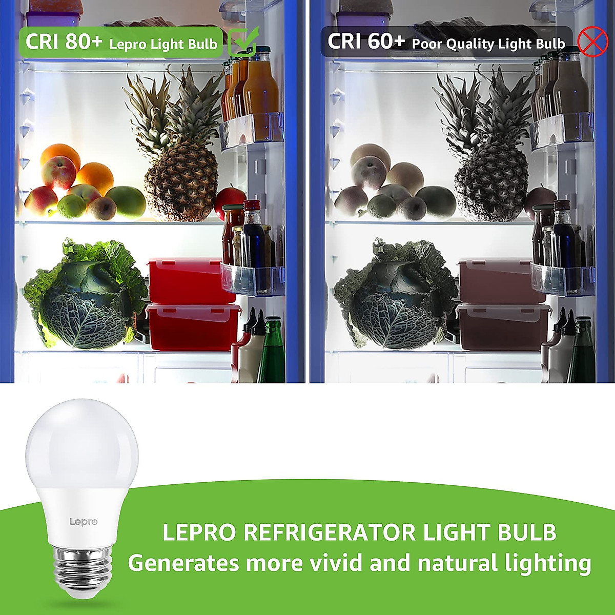 Lepro LED Refrigerator Light Bulb - 40W Equivalent Waterproof Appliance Bulb Replacement for Frigidaire, 5000K Daylight Non-Dimmable Freezer Bulbs with 450 Lumen, 120V 5W A15 E26 Medium Base, 2 Pack