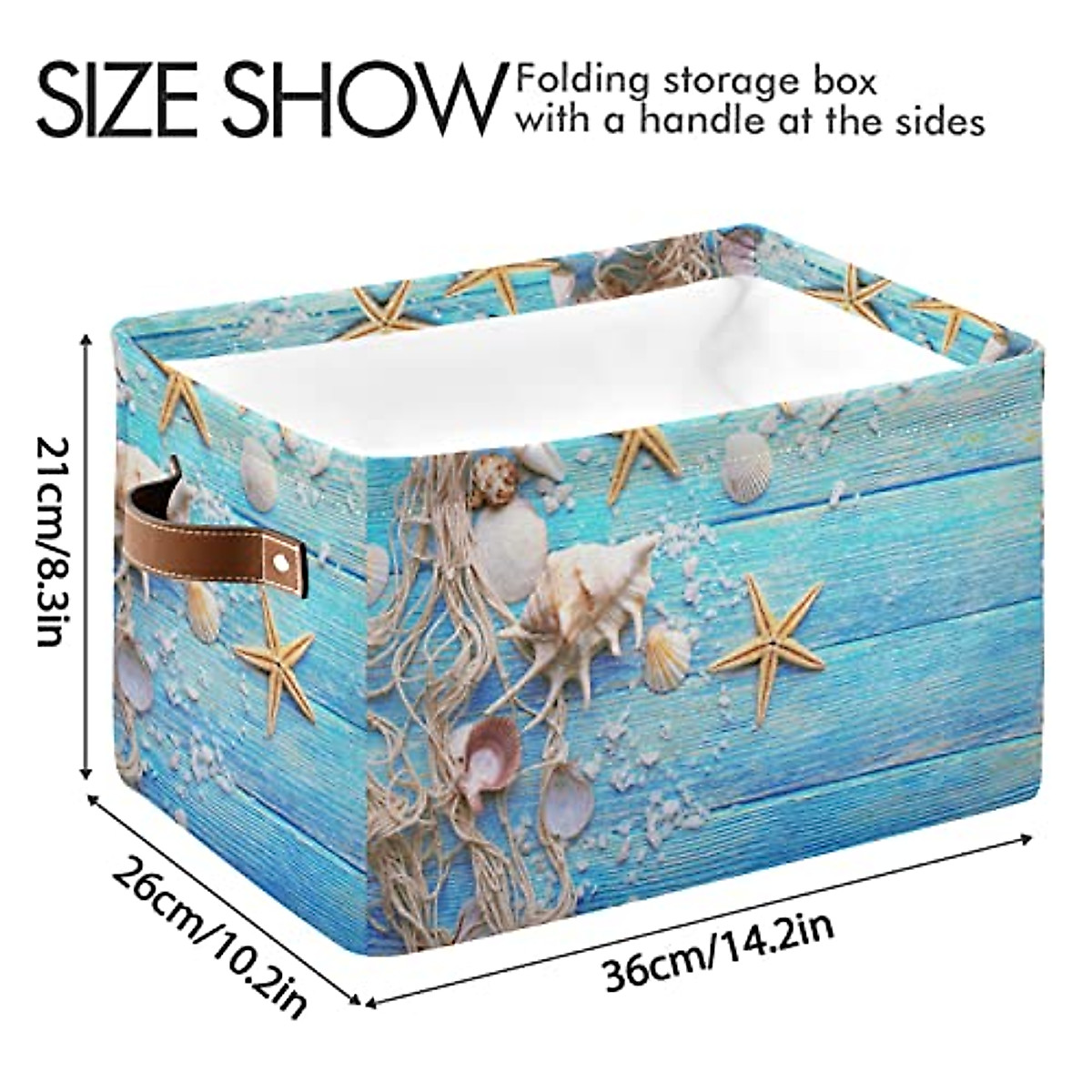 FZDXZJJ Summer Beach Wooden Starfish Storage Basket Bins, Ocean Nautical Decorative Baskets Storage Box Collapsible Storage Cubes Organizer with Handles for Nursery Shelf Closet Office Home Bedroom,1 Pack