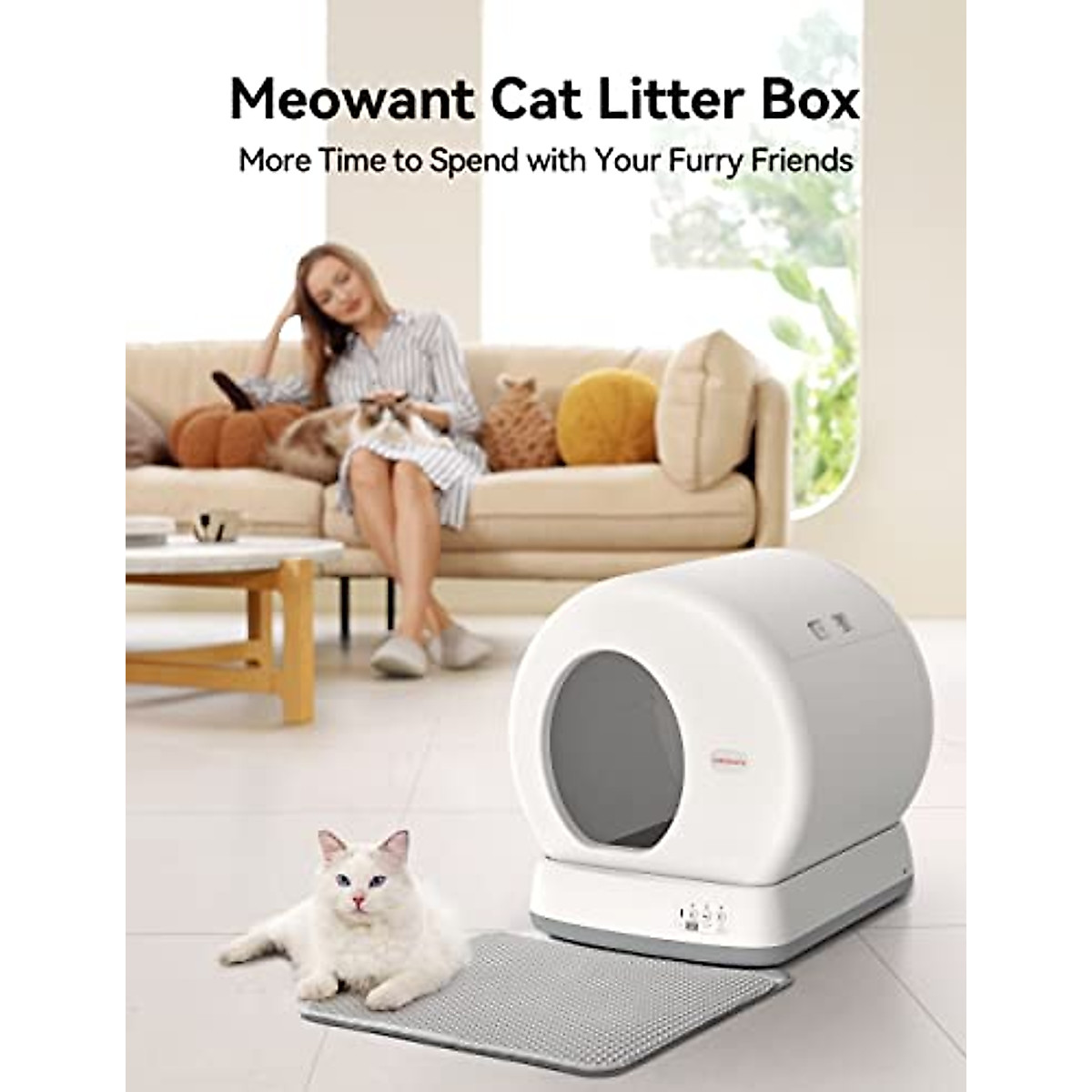 MeoWant Self-Cleaning Cat Litter Box, Integrated Safety Protection Automatic Cat Litter Box for Multi Cats, Extra Large/Odor Isolation/APP Control Smart Cat Litter Box with Mat & Liner