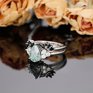 IRROYA 6x9mm Natural Pear Cut Moss Agate Bridal Ring Set,Cluster Genuine Moissanite Engagement Ring,V Shaped Open Ring Band, Sterling Silver Platinum, moss agate