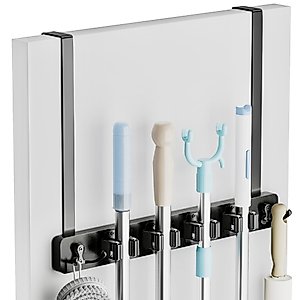Lorbro Broom Holder Door Mount, Over the Door Broom and Mop Holder with 2 Over Door Hooks, Wood Broom Hanger, Tool Rack Organizer for Laundry, Garage, Closet, Kitchen Decor, 4 Slots & 4 Hooks Rustic