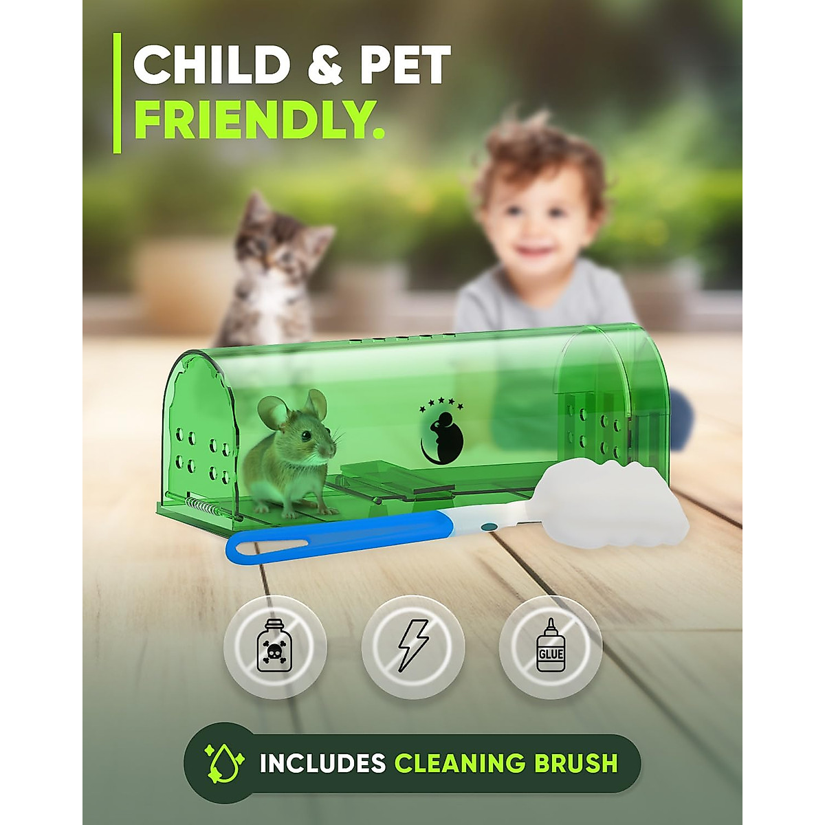 Motel Mouse Humane Mouse Traps No Kill Live Catch and Release 4 Pack - Reusable, Easy to Use & Clean, No Touch Release, Sensitive Includes Cleaning Brush, Instruction Manual & Video - Mousetrap Indoor