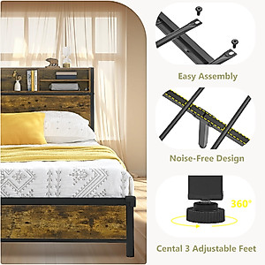 Full Size Bed Frame with Charging Station and Led Lights, Metal Platform Bed with Bookcase Storage Headboard, Heavy Duty Metal Slats, No Box Spring Needed, Easy Assembly, Noise-Free