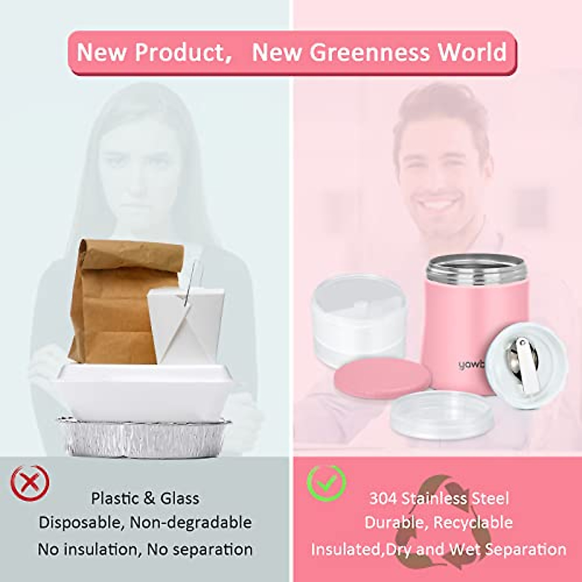 Yawbay Yogurt Container, Insulated Food Container, 2 In 1 Cereal Cup On The Go,Stainless Steel Insulated Food Jar With Spoon, 28oz Thermal Lunch Pot For Soup Yogurt Salad Breakfast Milk Fruit (pink)