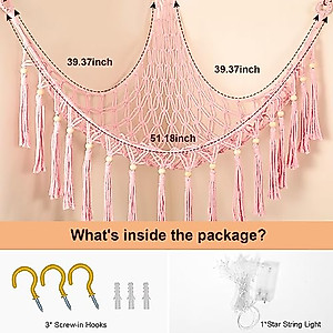 Razella Pink Stuffed Animal Net or Hammock with LED Light Macrame Plushie Net Hammock Plush Animal Storage Hammock for Wall Bedroom Living Boho Kids Room Decor