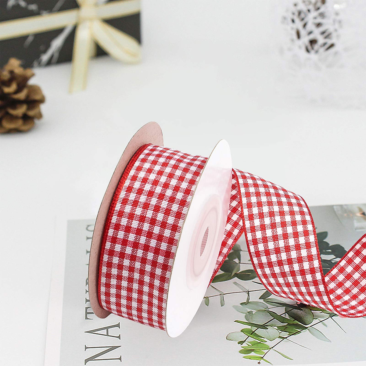 Fabric Ribbons Red and White Plaid Ribbon for Crafts, Grosgrain Striped Ribbon for Gift Wrapping, 1 Inch Organza Polka Dot Ribbon, 30 Yard