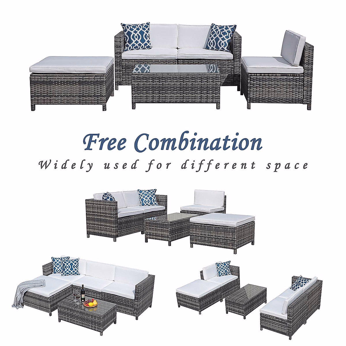 JOIVI Patio Furniture Sets, 5 Pieces All-Weather Outdoor Sectional Sofa Grey Wicker Rattan Patio Conversation Set with Ottoman, Washable White Cushions and 2 Blue Pillows