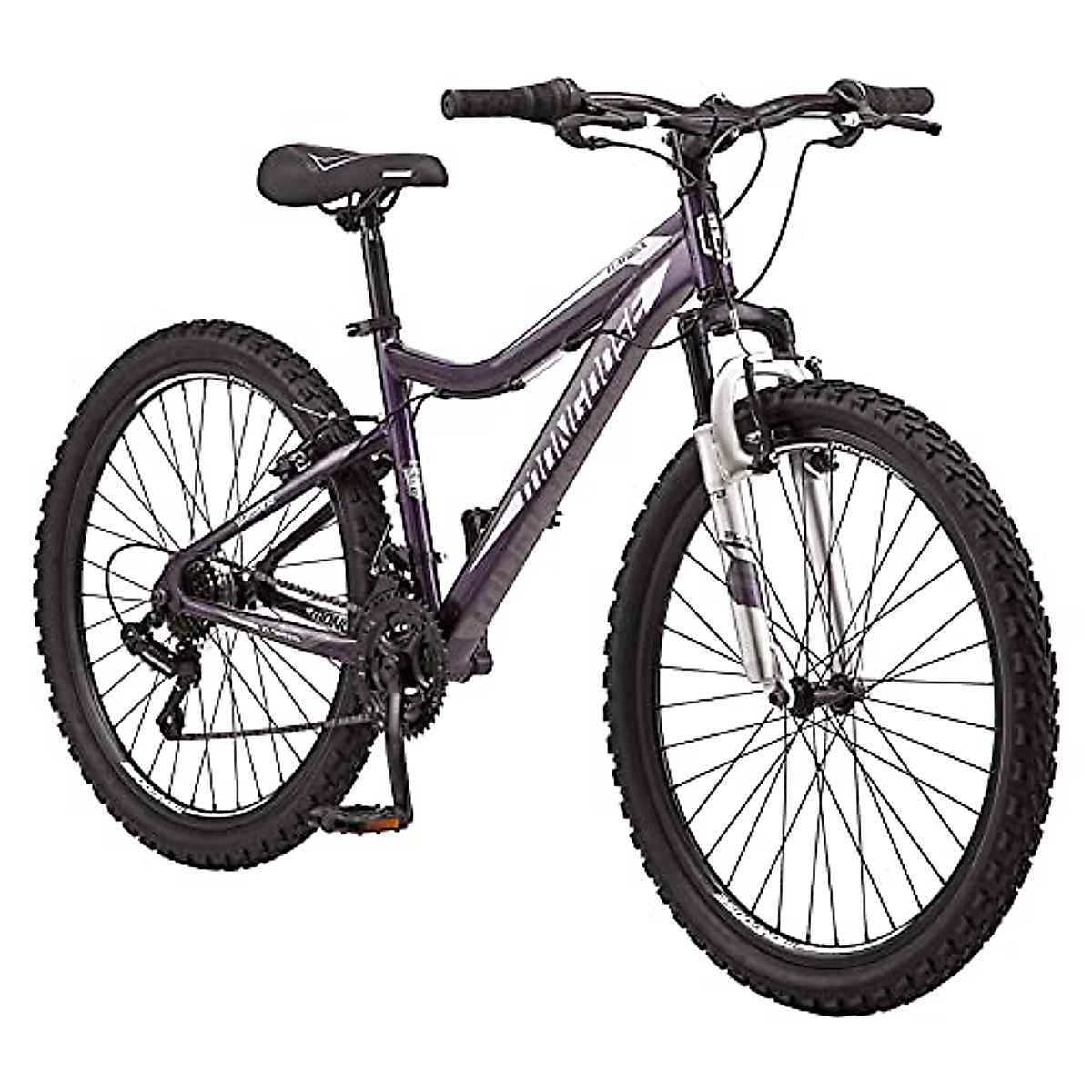 Mongoose Flatrock 21-Speed Hardtail Mountain Bike, 26-Inch Wheels, for Men and Women, Front Suspension, 16-Inch Lightweight Aluminum Frame, Purple