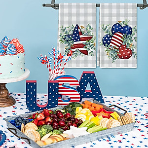 AnyDesign Patriotic Kitchen Towel 18 x 28 Inch 4th of July Gray Buffalo Plaids Dish Cloth American Flag Star Hearts Green Leaves Hand Drying Tea Towel for Independence Day Memorial Day Cooking, 2Pcs