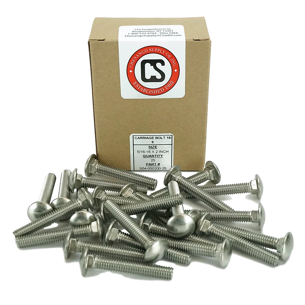 Chenango Supply Stainless 5/16-18 x 2inches Carriage Bolt (1inches to 5inches Lengths Available in Listing), 18-8 Stainless Steel,25 Pieces (5/16-18x2)