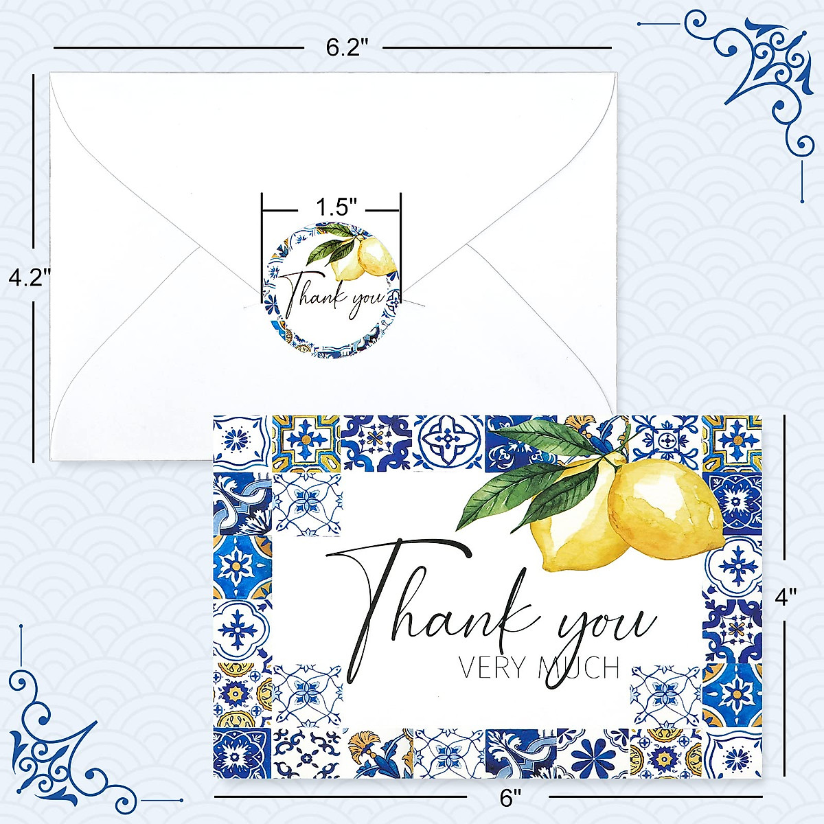 AnyDesign Lemon Thank You Cards Bulk 24 Pack Thank You Note Cards with Matching Seal Stickers Envelopes Blue Tiles Lemon Greeting Cards for Baby Shower Wedding Birthday Bridal Party and All Occasion