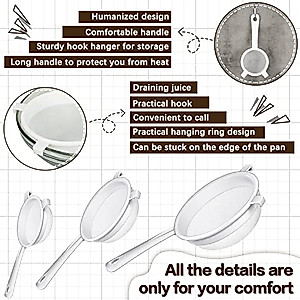 3 Pcs Plastic Nylon Mesh Strainer Colander with Handle Double Ear Fine Food Mesh Strainer Flour Sifter for Baking Kitchen Strainer Kefir Tea Juice Pasta Strainer (3 Inch, 5 Inch, 7 Inch)