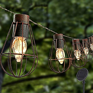 MakForU Solar String Lights Outdoor, 10ft 10 LED Bulbs Hanging Light Retro Metal Industrial-Style Waterproof Solar Powered Light for Patio Garden Wedding Bistro