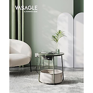 VASAGLE Side Table with Charging Station, Round End Table With Fabric Basket, Nightstand with Power Outlets USB Ports, for Living Room, Bedroom, Modern, Forest Green and Cream White ULET228C04