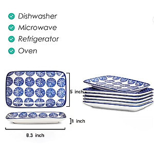 Selamica Ceramic 8 inch Rectangular Salad Plates, Dinner Plates, Pasta Dessert Plates Serving Trays for Appetizer, Sushi, Fruit - Microwave/oven/Dishwasher Safe, Set of 6, Vintage Blue