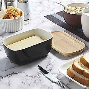 ALELION Butter Dish with Lid - Ceramic Butter Container with Lid for Countertop, Large Butter Keeper Crock Perfect for West or East Coast Butter, Holds Up To 3 Butter Sticks, Black