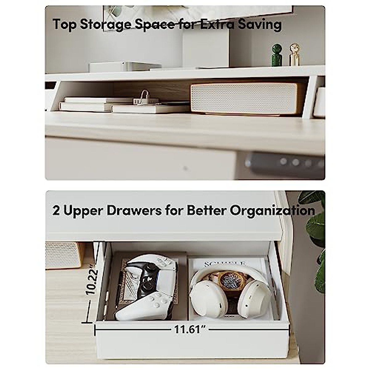 BANTI Height Adjustable Electric Standing Desk with Three Drawers, 48 x 25 Inch Table with Storage Shelf, Sit Stand Desk with Storage Space, Splice Board with White Frame/Light Walnut Top, 48 inch