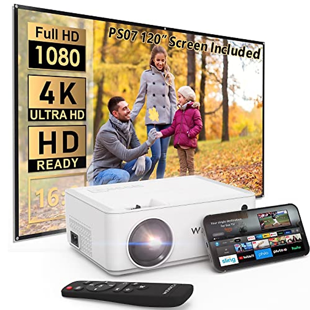 WiFi Bluetooth Projector with 120 inch Projector Screen, WEWATCH 8500L Portable Movie Projector for Home Outdoor, 1080P Video and 260" Display Supported, Use with TV Stick, HDMI, iOS, Android