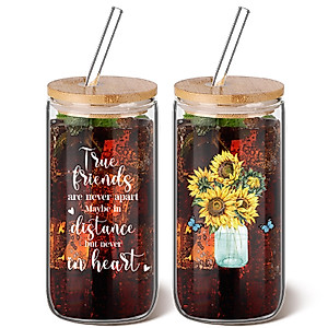 Karenhi Friend Gifts for Girls Women Friendship Gifts Birthday Gifts Sunflower Iced Coffee Cup Daisy Cup 16 Oz Can Coffee Glass with Bamboo Lids and Straw Thank You Gifts(Butterfly Style)