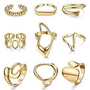 FIBO STEEL 9 Pcs Gold Chunky Rings for Women 18K Gold Plated Ring Set Dome Thick Open Rings Adjustable Gold tone