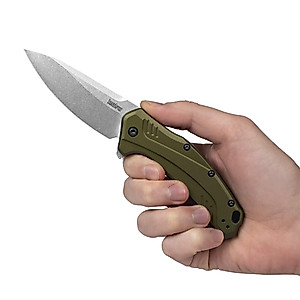 Kershaw Link Olive Stonewash Pocketknife, 3.25" CPM 20CV Steel Drop Point Blade, Assisted One-Handed Flipper Opening, Folding EDC, Stainless Steel, olive green