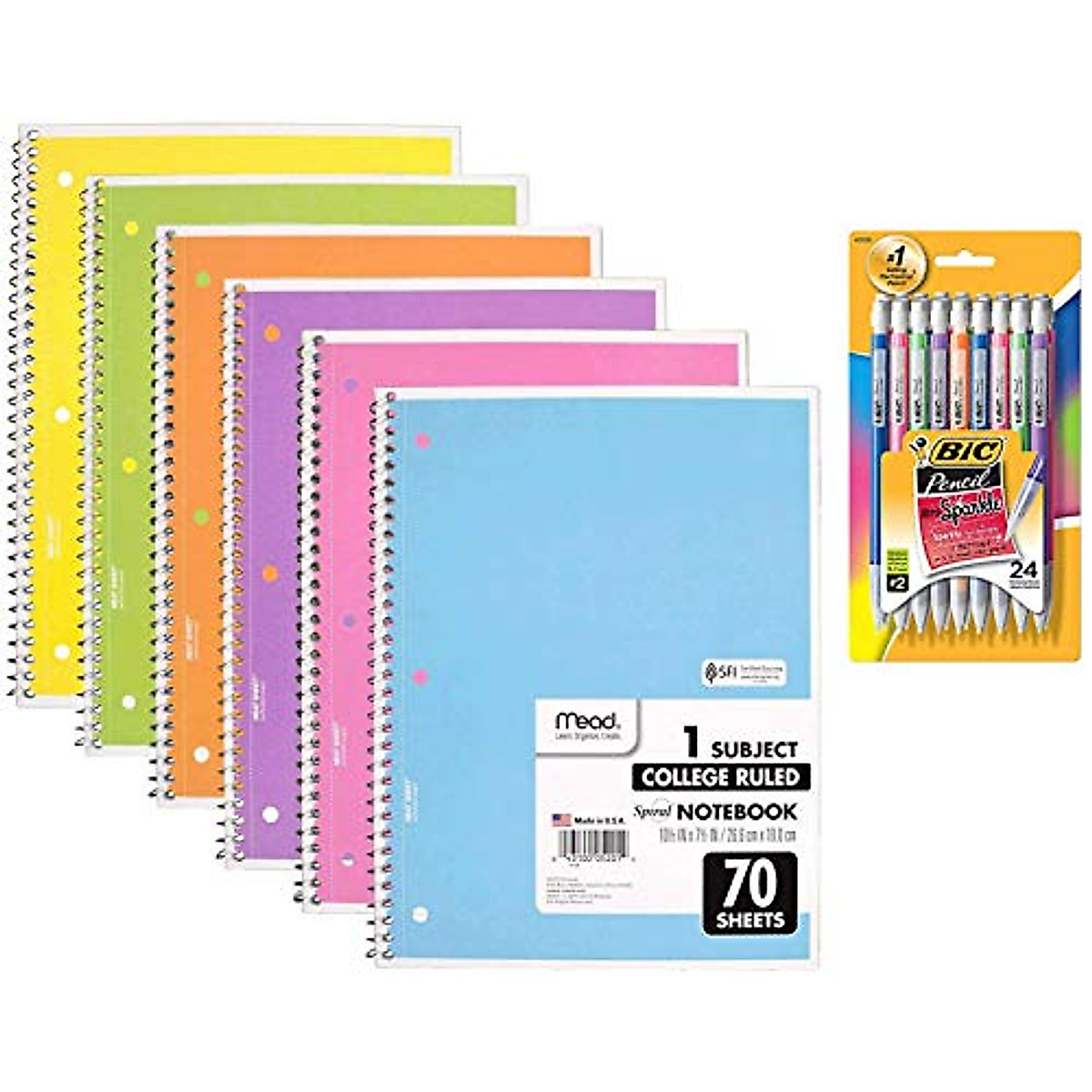 Back To School Supplies Bundle Set Of 6 Mead Spiral Notebook 1-subject, College Ruled, Pastel Color Cute School Notebooks, 70 Pages With 24 Ct Of Bic Xtra-sparkle Mechanical Pencil, Medium Point 0.7mm
