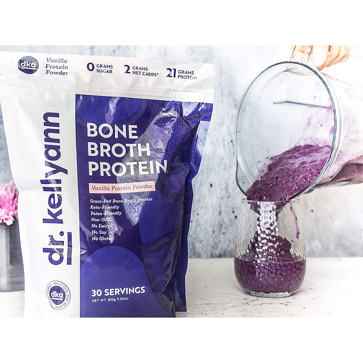 Dr. Kellyann Bone Broth Protein Powder, Vanilla (30 Servings) - Protein 21g, 2g Net Carbs - Grass Fed Hydrolyzed Collagen - Sugar Free, Gluten Free, Dairy Free, Paleo, Keto Protein Shakes