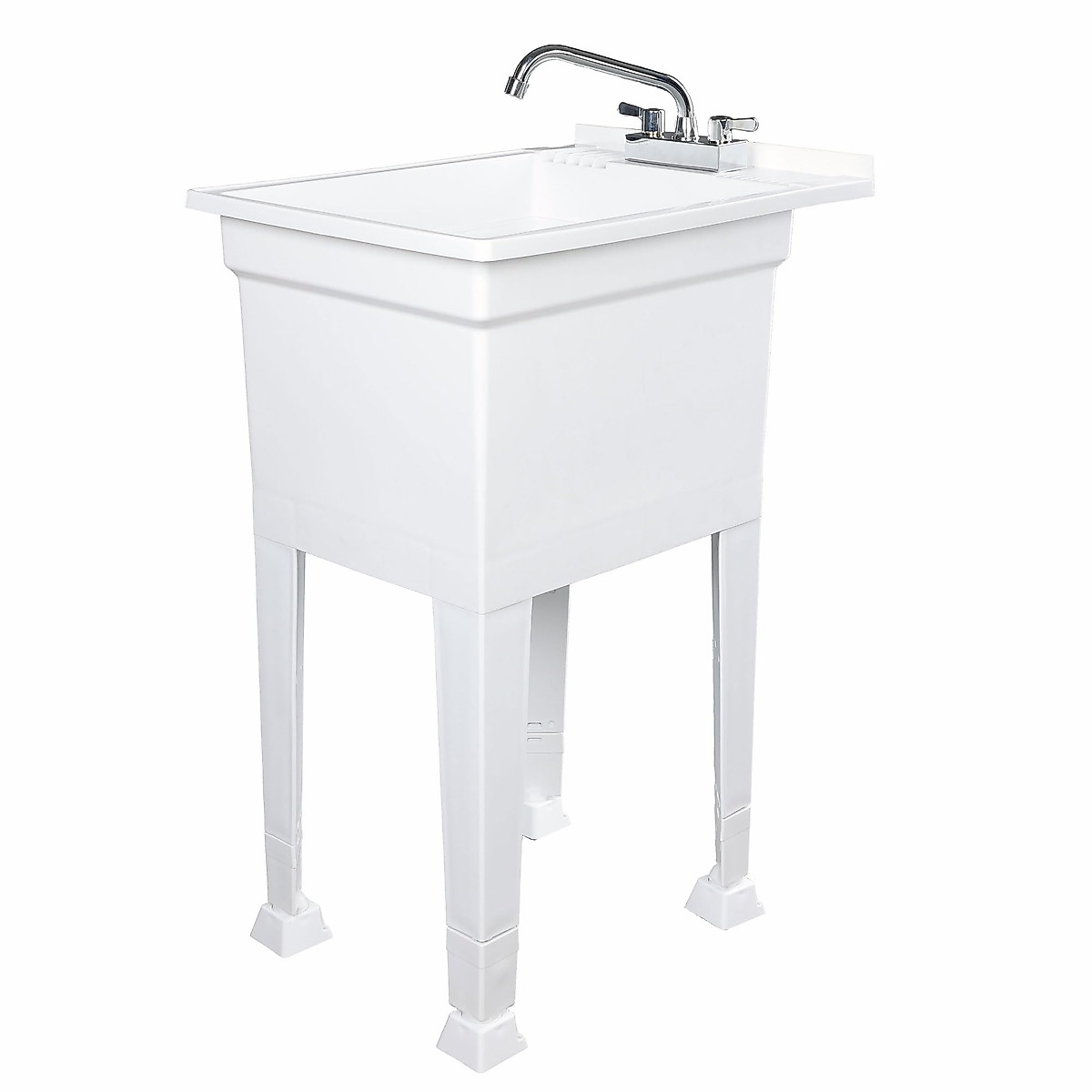 UTILITYSINKS 18 Inch Plastic Freestanding Utility Tub Sink with Heavy Duty Stainless Steel Swing Faucet for Garage, Laundry Room, and Garden, White