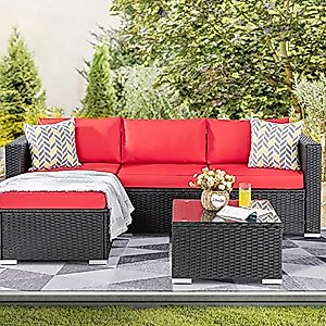 Walsunny 3 Piece Patio Furniture Set Outdoor Sectional Sofa with Upgrade Rattan Wicker Conversation Loveseat Couch(Black Rattan)(Red)