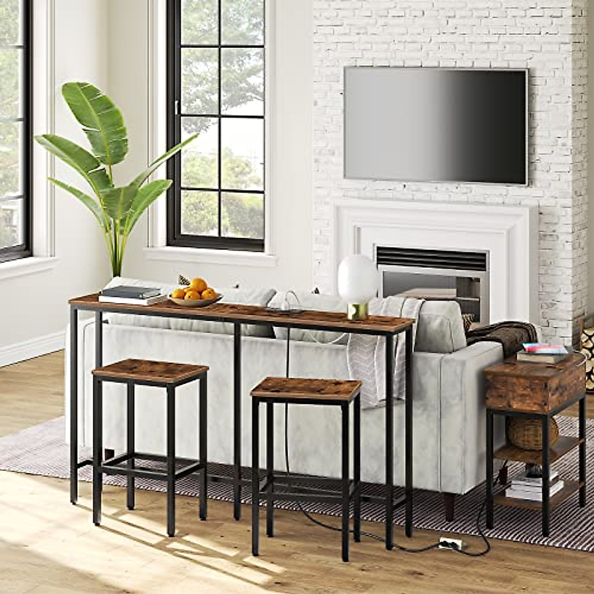 ALLOSWELL Bar Stools, Set of 2 Bar Chairs, Kitchen Breakfast Bar Stools with Footrest, 25.8" Dining Stools, Rectangular Industrial Bar Chairs, for Dining Room, Kitchen,Rustic Brown BAHR0101