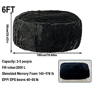 FAFAD Giant Bean Bag Chair for Adults, 6ft Big Bean Bag Cover Comfy Bed (No Filler, Cover only) Fluffy Lazy Sofa (Black), (150*75cm)