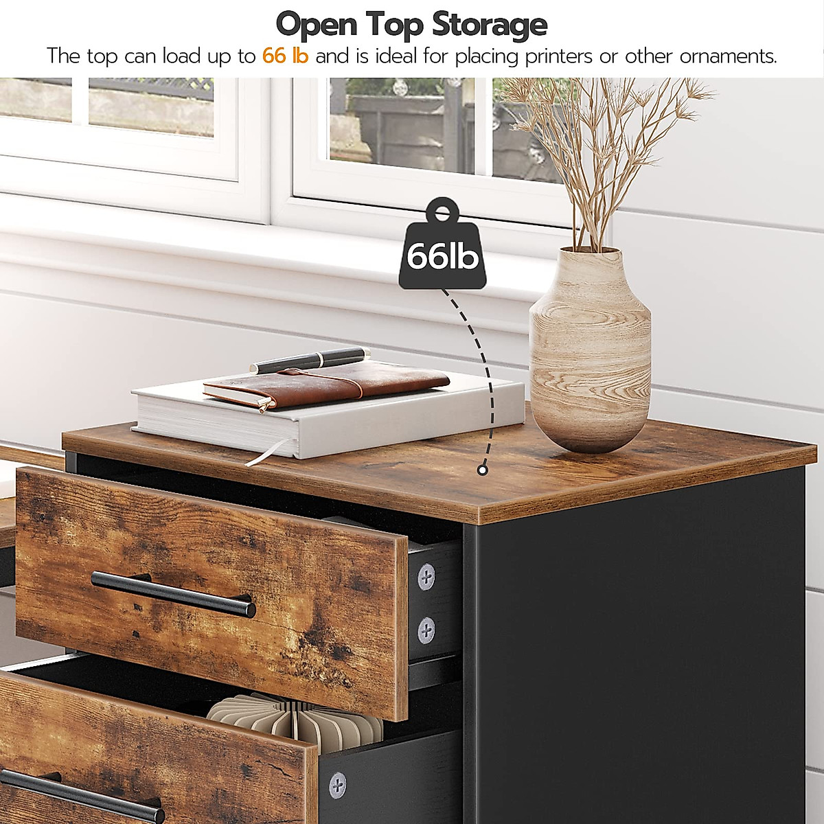 HOOBRO 7-Drawer Chest, File Cabinet, Wooden File Cabinet, Office Cabinet with Drawers, Storage Cabinet, for Home Office, Study, Easy Assembly, Rustic Brown and Black BF07WJ01