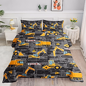 Datura home Kids Engineering Car Bedding Comforter Set Tractor Truck Printed Pattern Bedding Set with 1 Comforter and 2 Pillowcases for Boys Bedroom All Season(Truck2 Twin), Twin 68x86inches