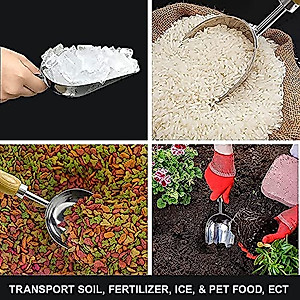 Gardtech Garden Hand Fertilizer Scoop, Soil Shovel, Heavy Duty Stainless Steel Trowel for Food and Ice, Large Capacity Multi-purpose Scoop with Wooden Handle for Petting Kitchen Use-with Wooden Handle
