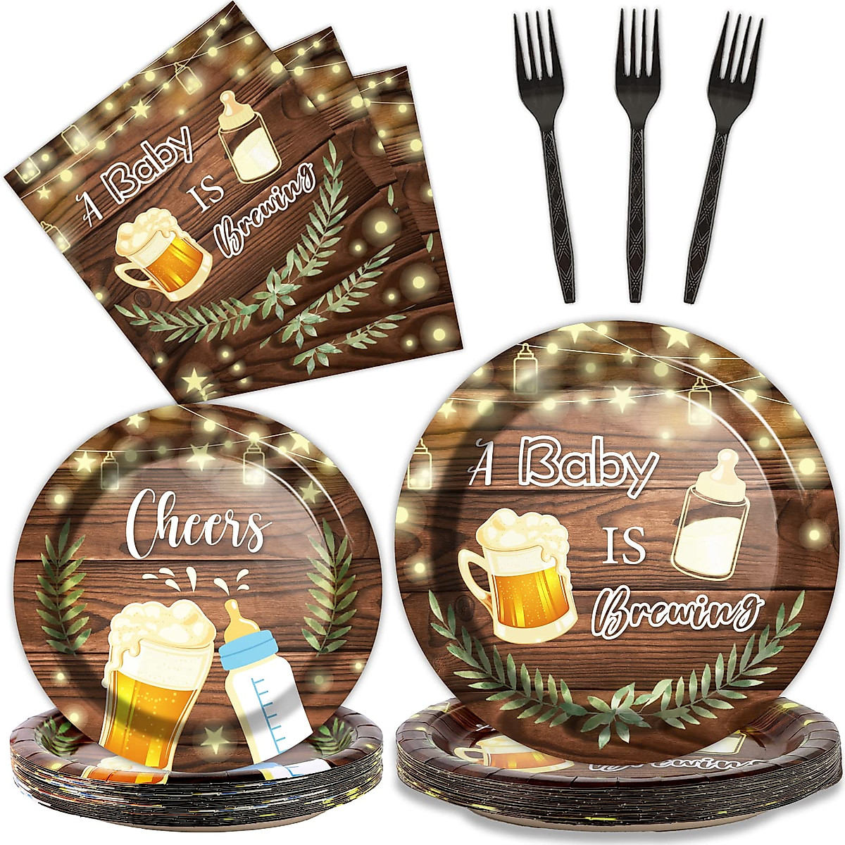 96Pcs A Baby is Brewing Baby Shower Party Supplies Set Plates Napkins Tableware Kit for Birthday Party Paper Tableware Set Table Decorations Favors Serves 24 Guests with Forks