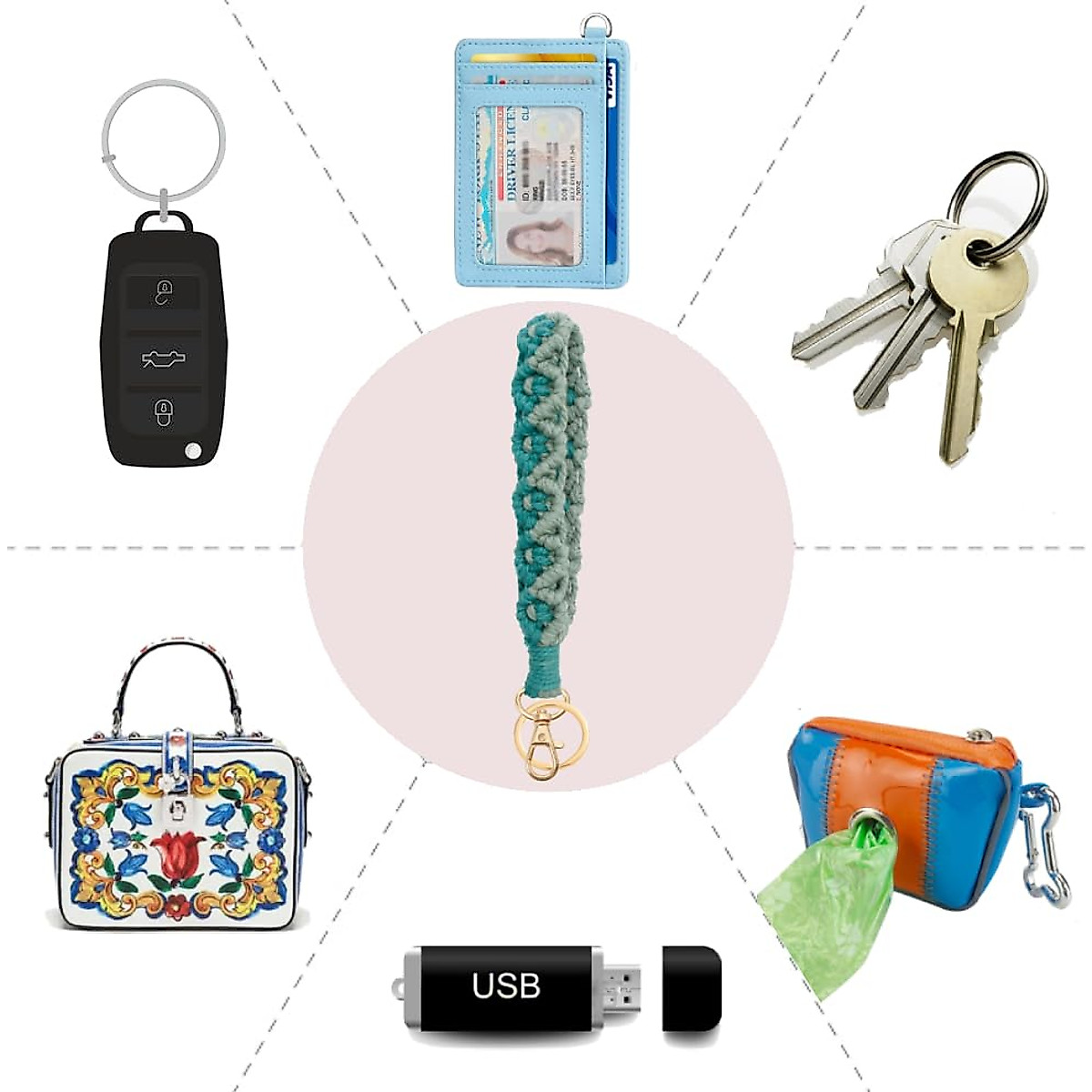 LOLAHA Macrame Keychain Wristlet Key Chain Boho Keychains for Women Cute Keychain Keyring Wrist Lanyard For Keys Car Keys Wrist Keychain Wristlet Strap Teal Keychain Accessories