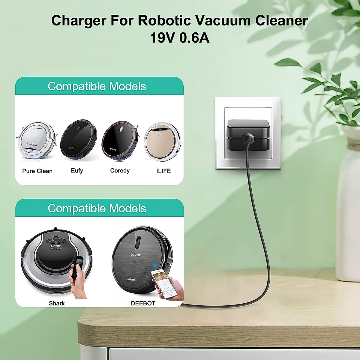HKY 19V AC DC Adapter compatible with ECOVACS DEEBOT N79 N79S Robotic Vacuum Cleaner DN622-DN79 & Shark Ion Robot R75 RV700 RV720 RV725 N RV750 R850 RV852 Vacuum DK18-190060H-U Vac Power Supply Cord