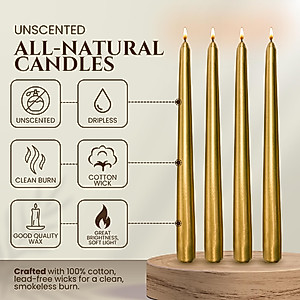 Axiom 10 Count Gold Taper Candles - 10 Inch Dripless - Unscented Smokeless Tall Candle Sticks - 9 Hour Burn Time - Tapered Candles for Home, Centerpieces, Dinners, Weddings, Parties, Celebration