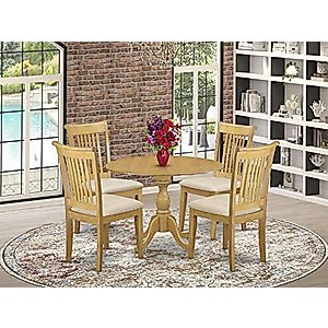 East West Furniture DMPO5-OAK-C 5 Piece Kitchen Table & Chairs Set Includes a Round Dining Table with Dropleaf and 4 Linen Fabric Dining Room Chairs, 42x42 Inch, Oak