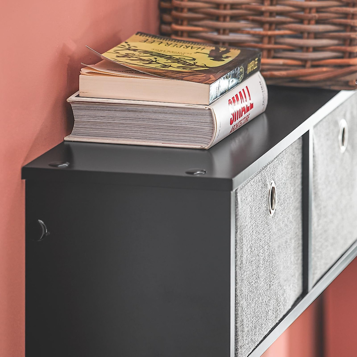 Haotian Wall Shelf with Hooks, Coat Rack Wall Mount with Shelf Entrywall Storage Cabinet Unit with 3 Baskets 5 Hooks, Black, FRG282-SCH