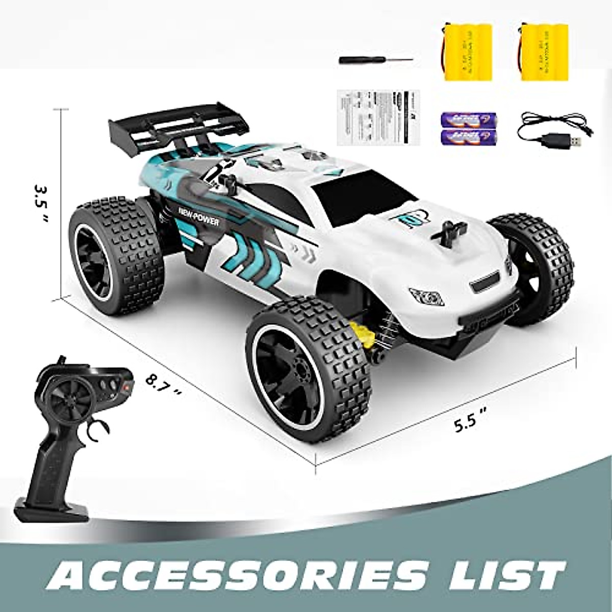 Tecnock RC Racing Car, 2.4Ghz High Speed Remote Control Car, 1:18 2WD Toy Cars Buggy for Boys & Girls with Two Rechargeable Batteries for Car, Gift for Kids (White)