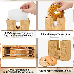 FunisFun Wood Bagel Cutter Slicer for Small and Large Bagels Adjustable Bamboo Bagel Holder with Silicon Hamburger Holder for Bread Slicing
