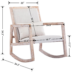 Ufyerutg Modern Accent Rocking Chair, Solid Wood Linen Fabric Antique White Wash Painting Rocking Chair with Removable Lumbar Pillow, Living Room Leisure Chair Arm Chair, Easy Assembly, Beige