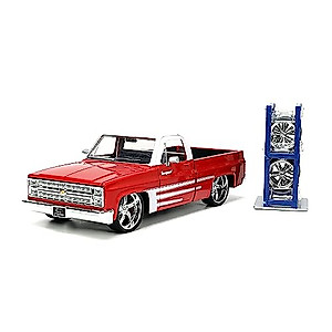 Just Trucks 1:24 1985 Chevy C10 Die-Cast Truck w/Tire Rack, Toys for Kids and Adults(Red/White)