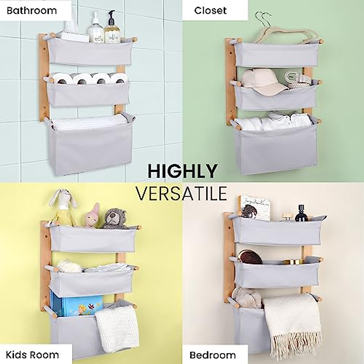 Wall Hanging Basket for Organizing, Hanging Wall Baskets for Storage, Wall Basket for Bathroom, Bedroom, Kid Playroom, Hanging Fruit Basket for Kitchen, Woven Fabric Wall Basket, Knitting Basket /LGray