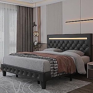 Kallabe Queen Size Bed Frame with LED Light Leather Platform Bed Frame with Adjustable Upholstered Headboard, Smarter Bed Frame APP Control LED Lights, No Box Spring Needed, Black