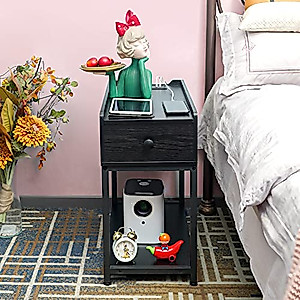 AMHANCIBLE End Tables Living Room Set of 2 with Charging Station, Black Nightstand with Drawer, Bedside Tables with USB Ports & Outlets, Slim Side Table for Small Spaces, Bedroom, Couch, HET04LDBK
