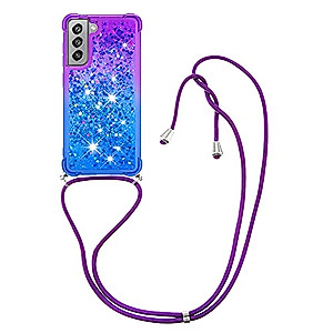 CCSmall Samsung Galaxy S21 FE (Not S21) Case,Strap Crossbody Gradient Quicksand Bling Sparkle Flowing Liquid Floating with Neck Cord Lanyard Strap Cover for Samsung Galaxy S21 FE LSGS Purple Navy
